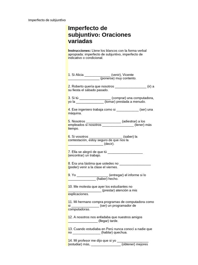 Ejercicios de Imperfecto de Subjuntivo | PDF | Verbo