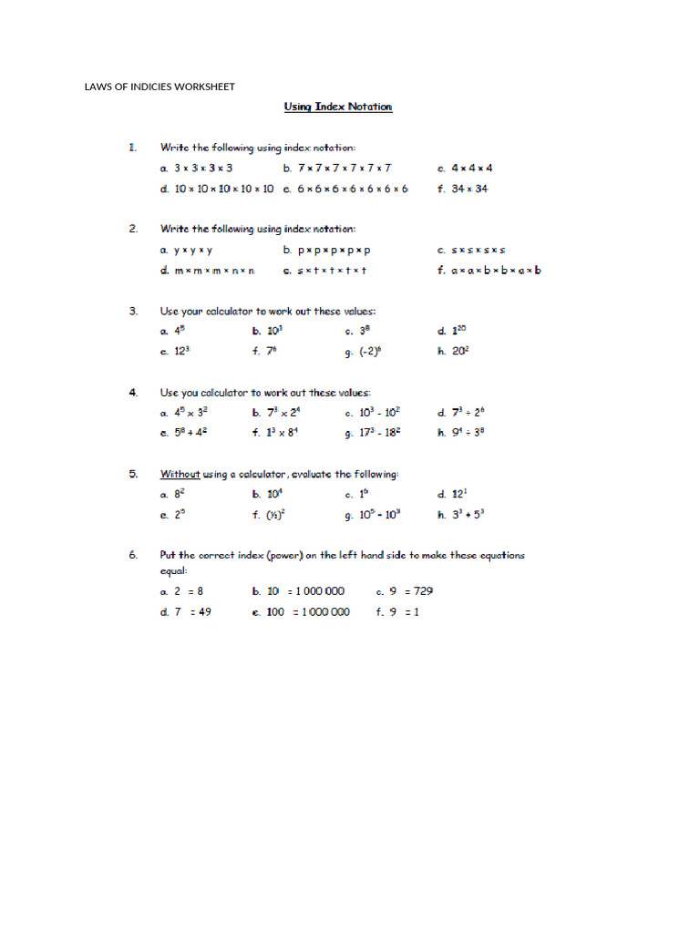 Laws of Indicies Worksheet | PDF