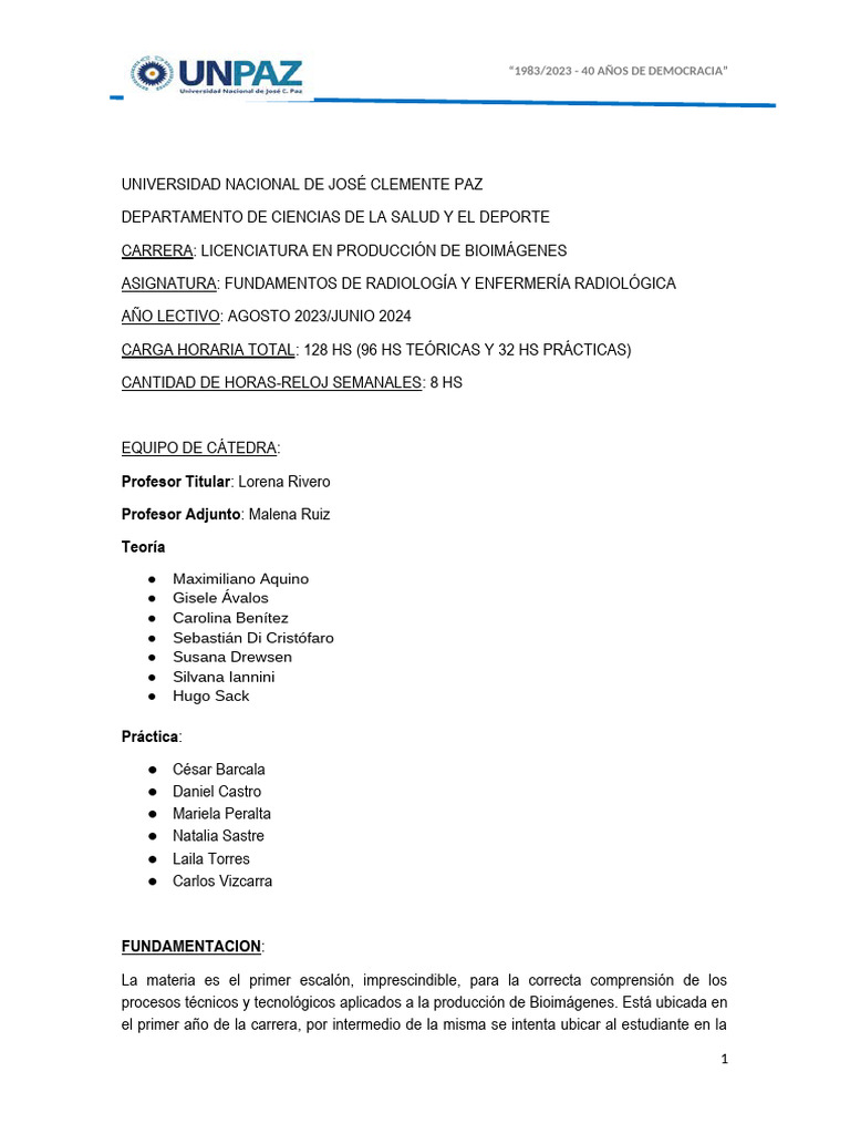 Programa 2023 FUNDAMENTOS DE RADIOLOGIA. Lorena Rivero 2022 | PDF | Radiología | Rayo X