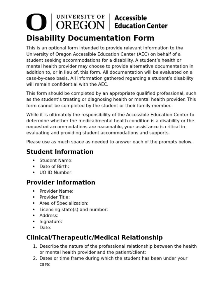 Uo Aec Disability Documentation Form | PDF | Disability | Mental Health