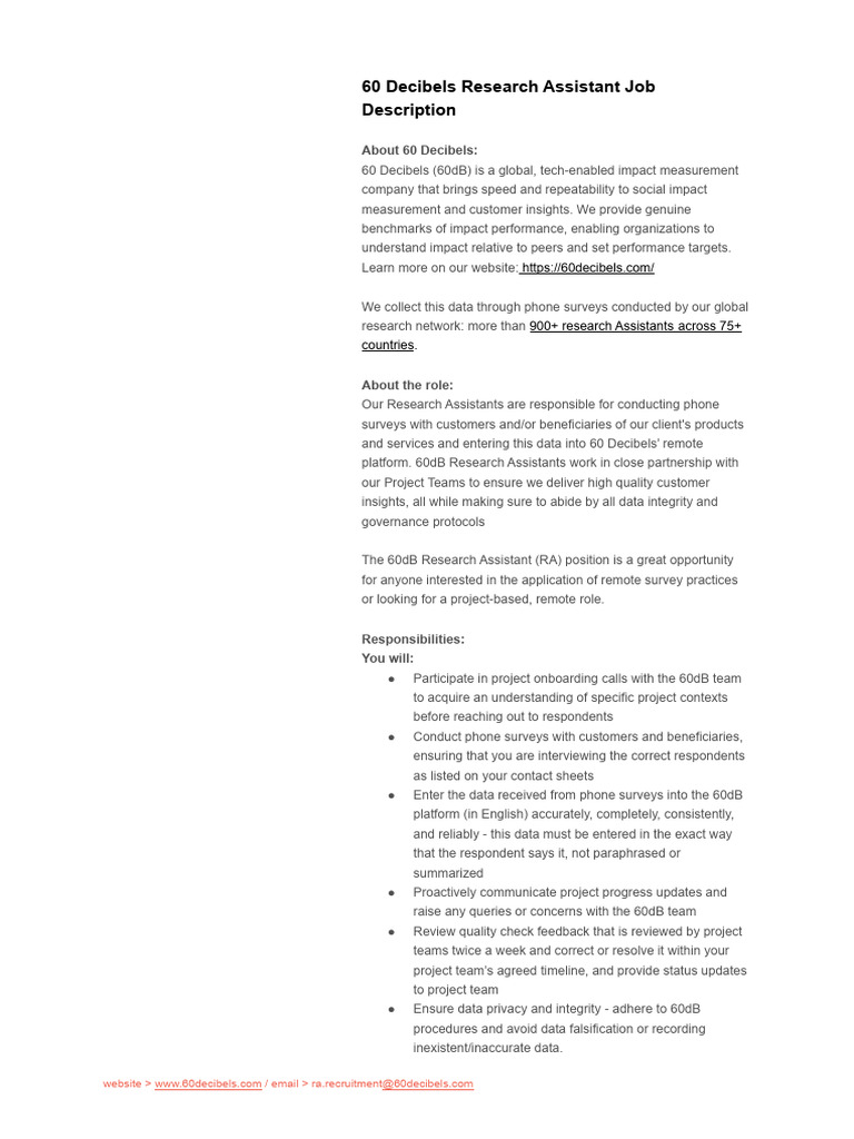 60 Decibels New Research Assistant JD Jan2023 | PDF | Communication