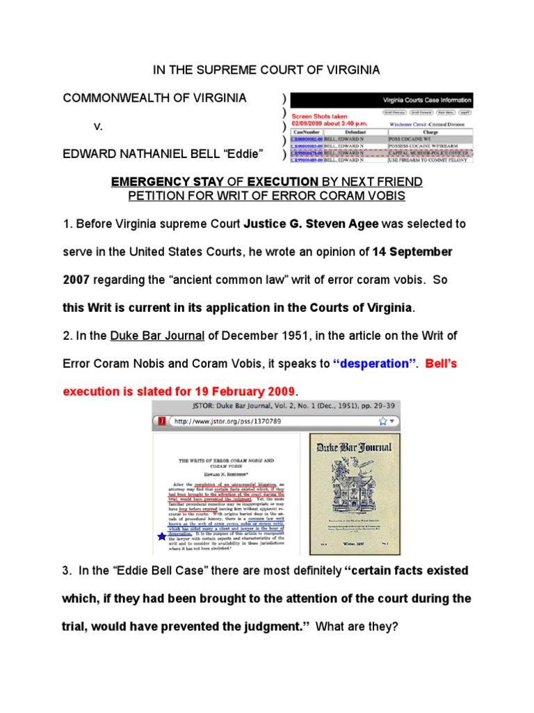 Bell Stay of Execution and Writ of Error Coram Vobis Stay Ver6 | PDF ...