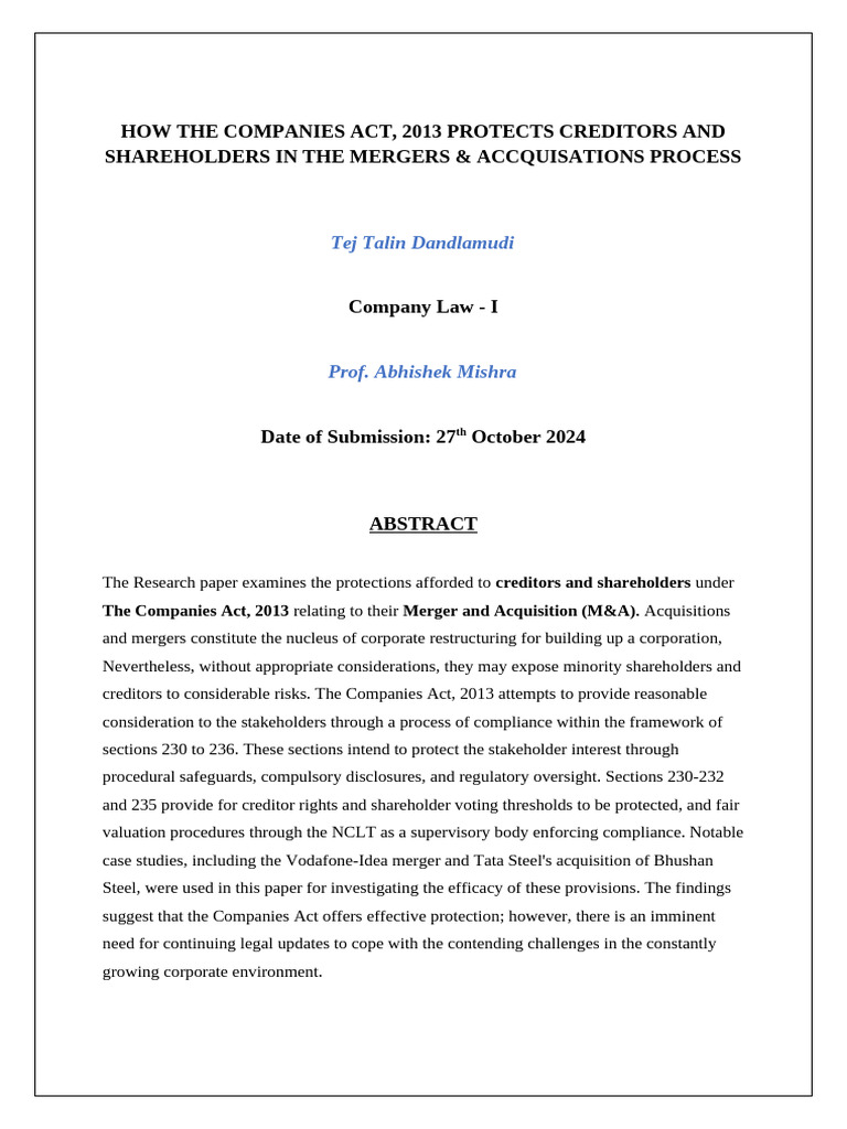 Company Law Research Paper | PDF | Mergers And Acquisitions | Equity ...