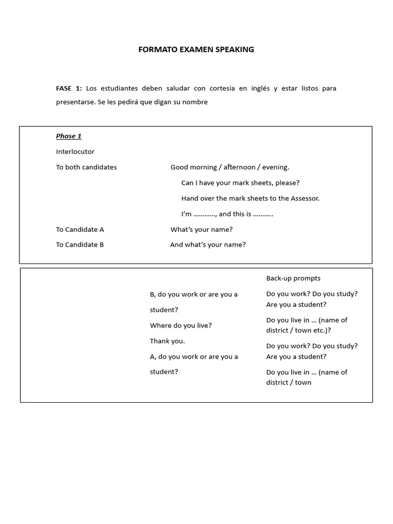 Examen de Speaking: Guía de Fases y Temas | PDF
