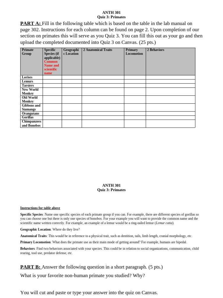 Quiz 3 - Living Primate Chart | PDF