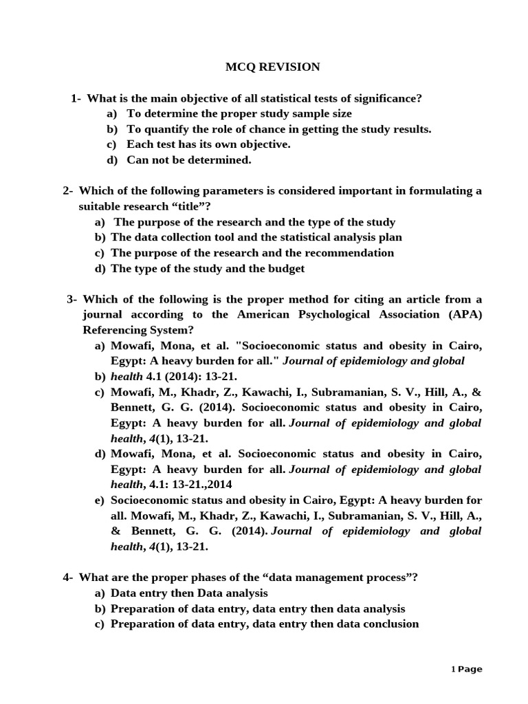 MCQ Revision for Statistical Research Methods | PDF | Student's T Test ...