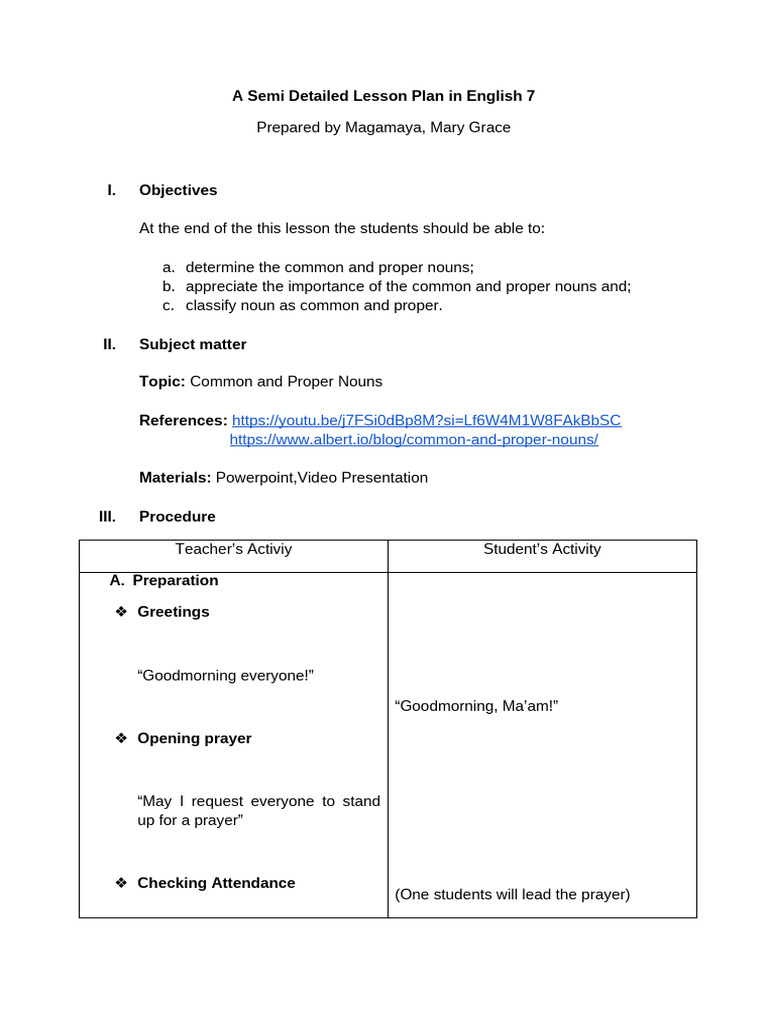 LESSON PLAN G7 Common and Proper Nouns | PDF
