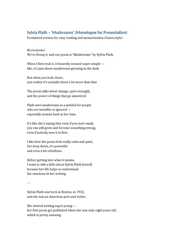 Sylvia Plath Mushrooms Monologue CanvaStyle | PDF | Sylvia Plath