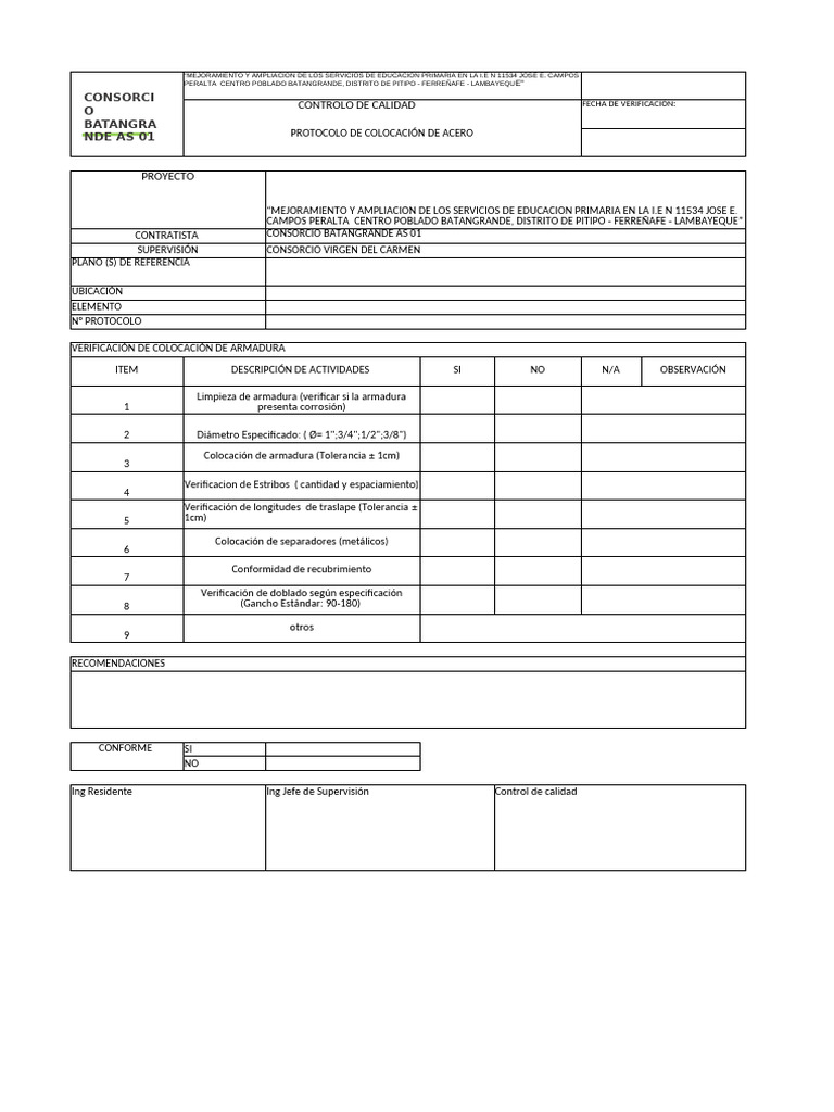 Protocolo Colocación de Acero | PDF