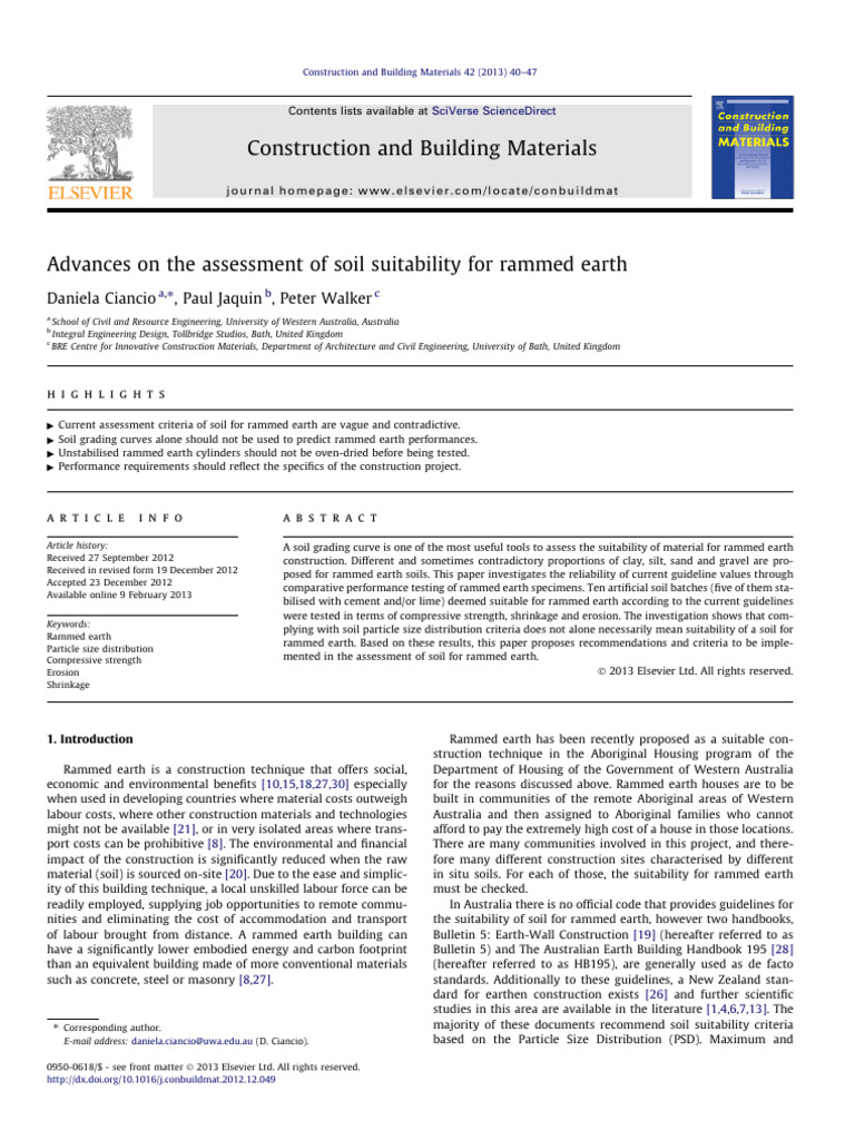 2013 - Advances On The Assessment of Soil Suitability For Rammed Earth ...