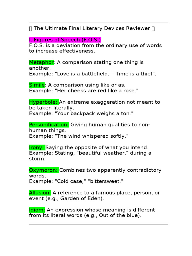 Final Literary Devices Review Guide | PDF