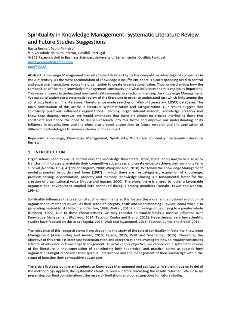 Spirituality in Knowledge Management - Systematic Literature Review and ...