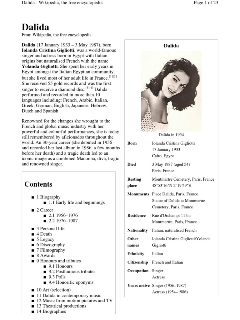 Wiki Dalida | PDF | Leisure | Entertainment (General)