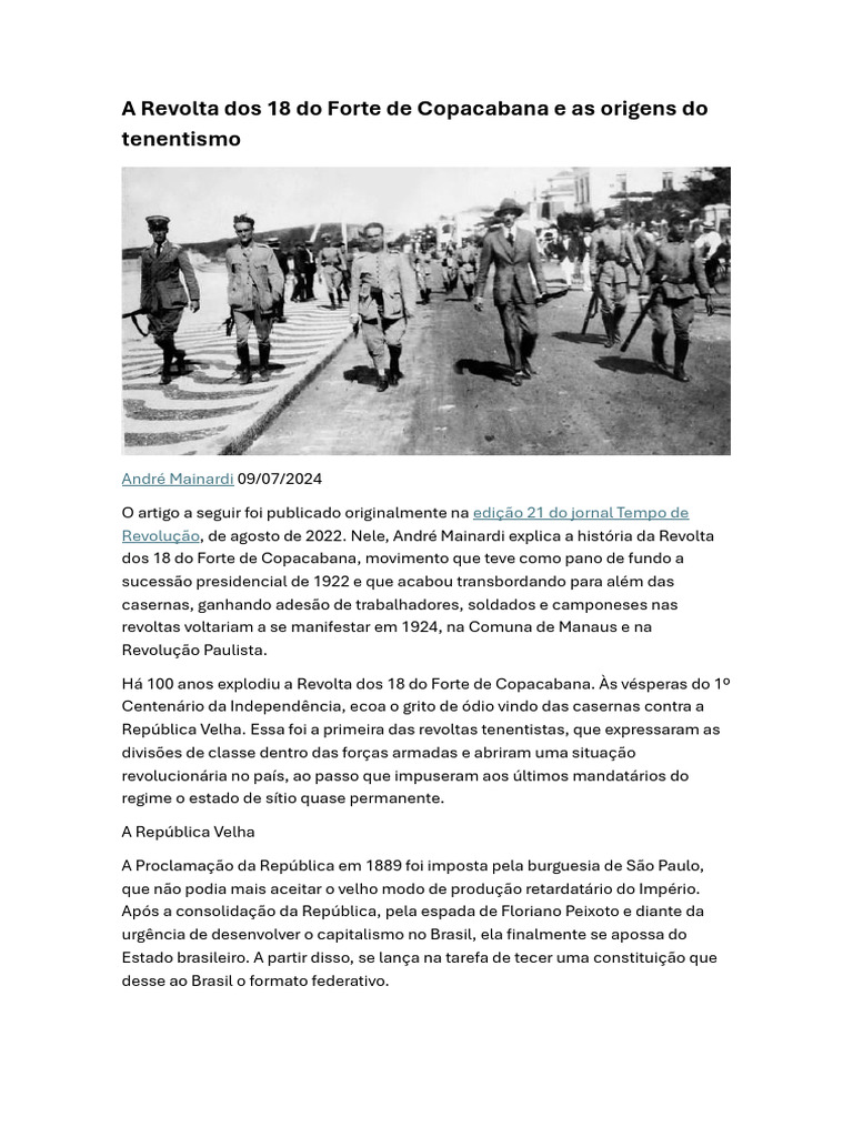 A Revolta de Copacabana 1922 | PDF | República | Brasil