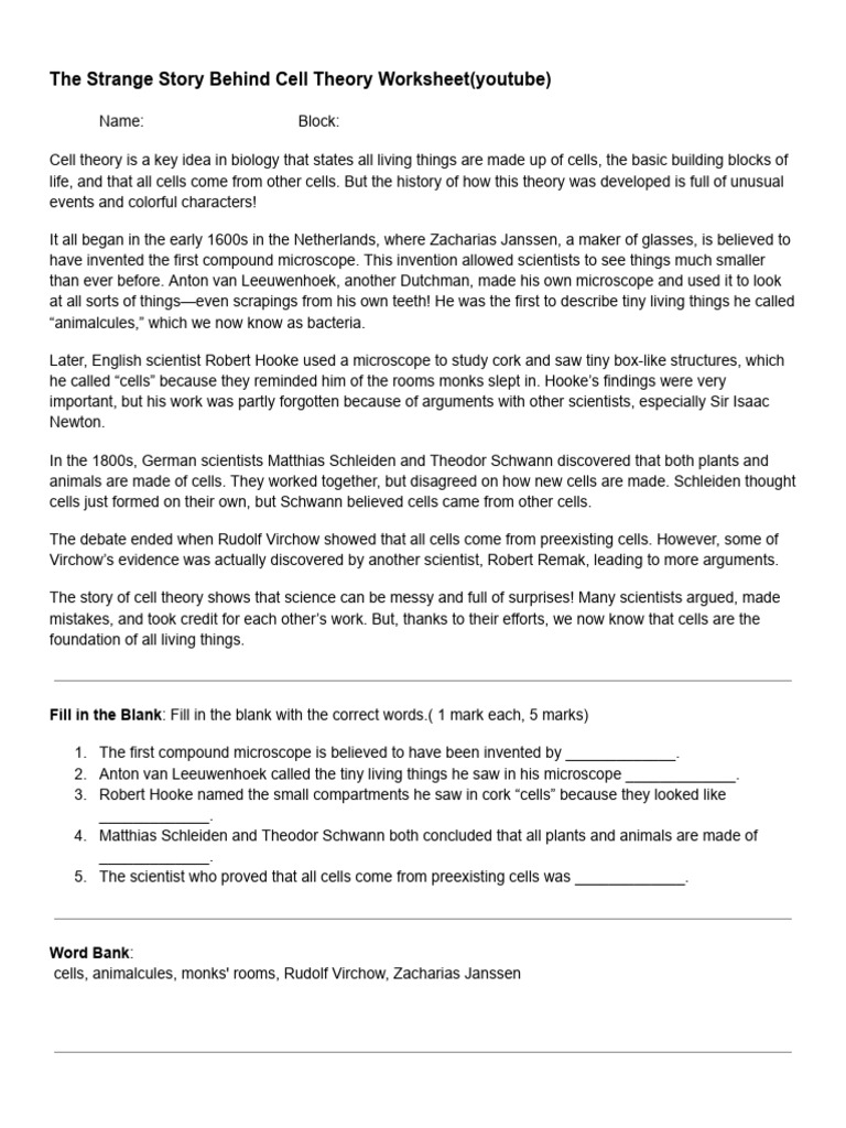 The Strange Story Behind Cell Theory Youtube Video Worksheet - Google ...