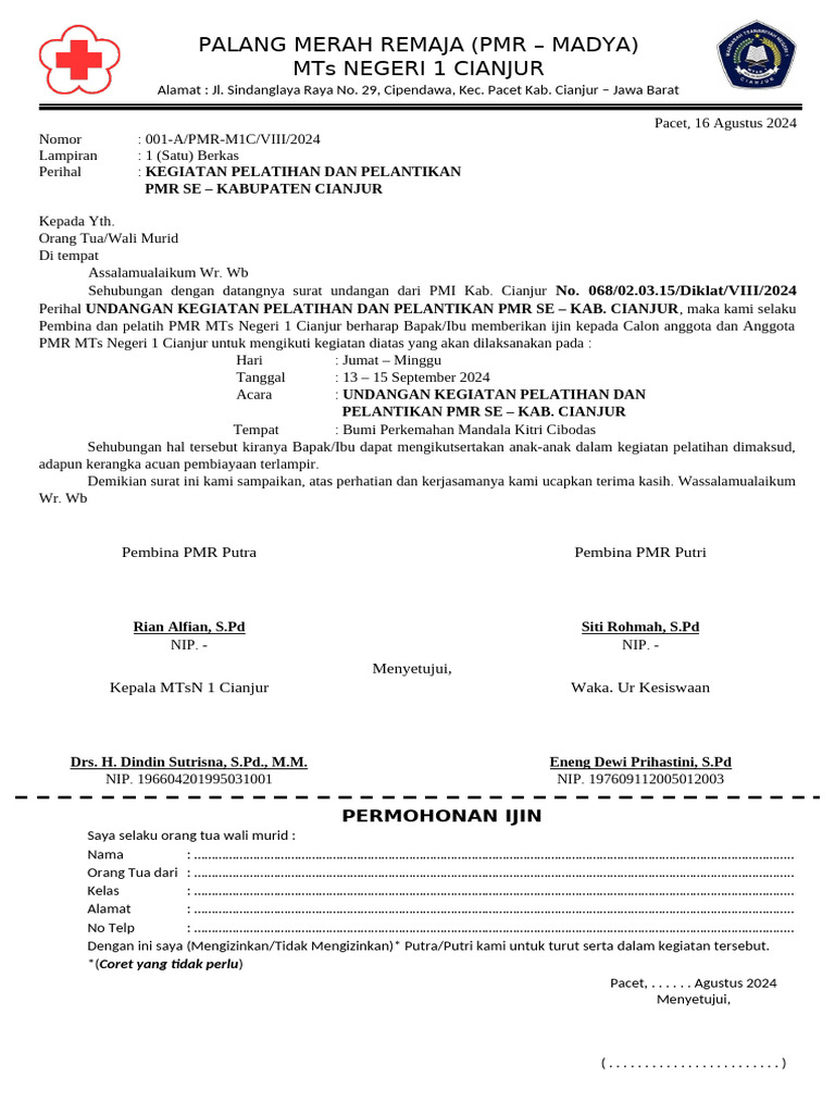 Surat Ijin Pelantikan PMR 24-25 | PDF