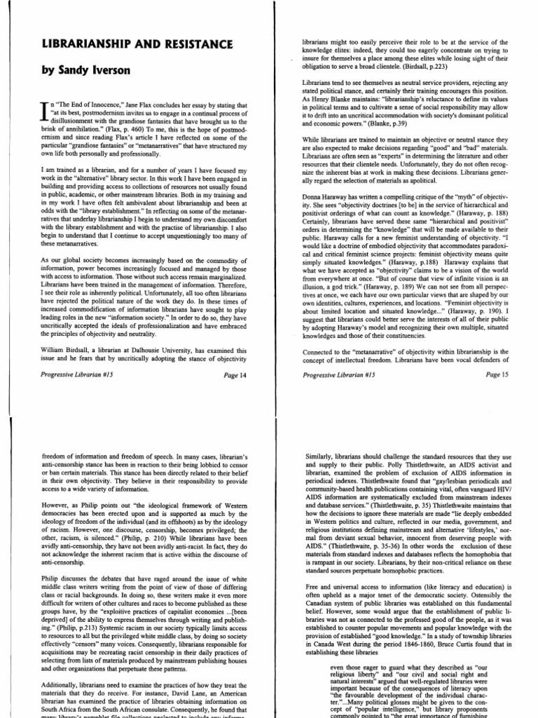 1998 1999 Iverson, S. Librarianship and Resistance | PDF | Librarian ...
