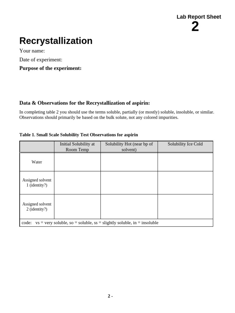 02 Recrystallization Report Sheet F25 | PDF | Solubility | Melting Point