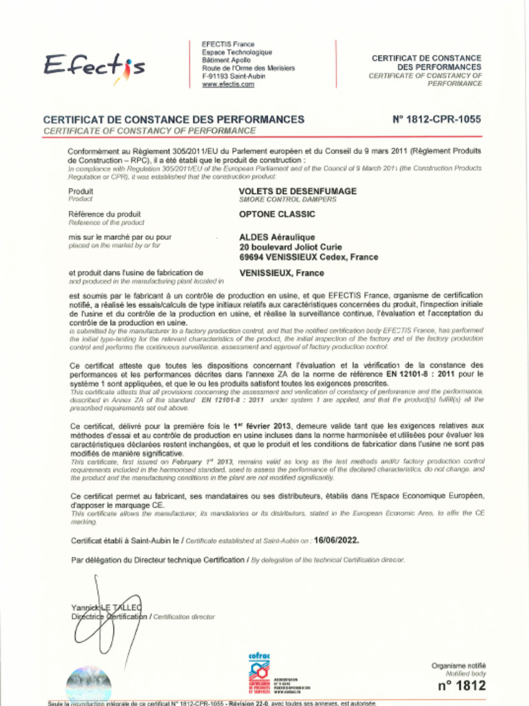 Certificat de Constance de Performance Ce CPR PV Feu Optone Classic | PDF