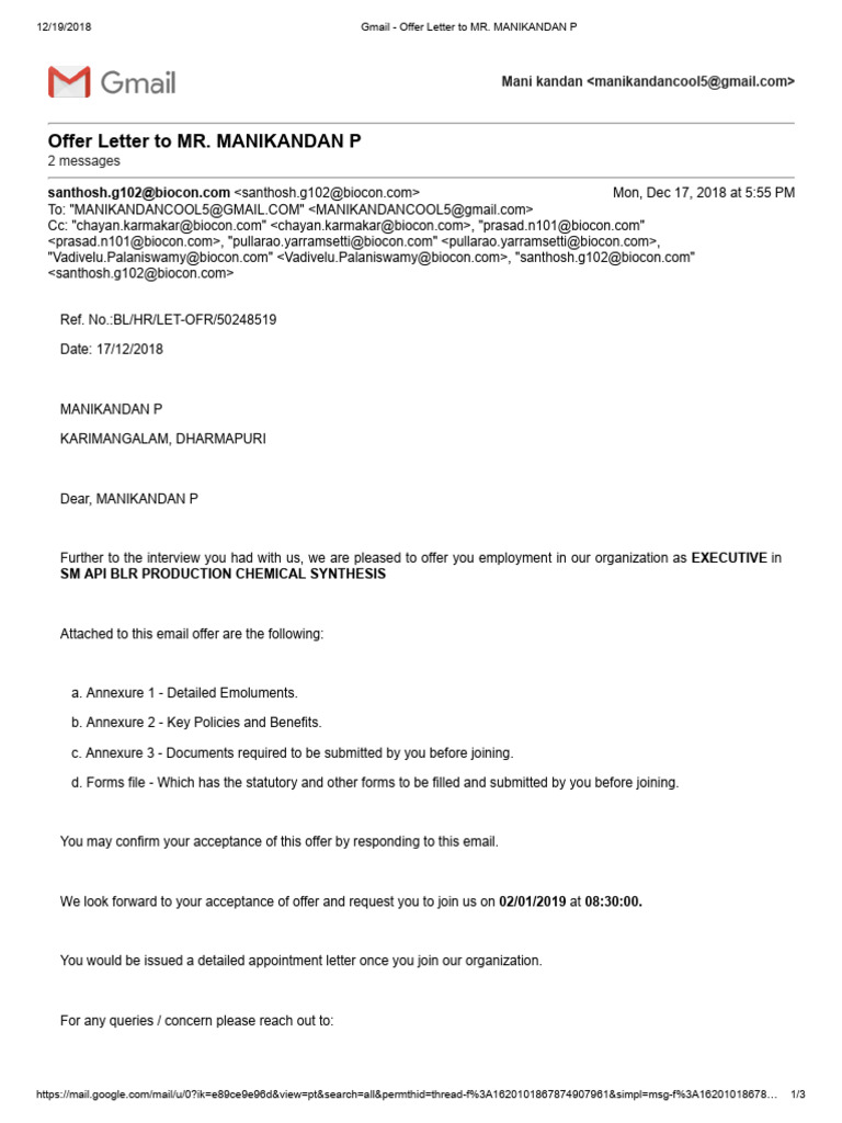 Biocon Offer Letter | PDF
