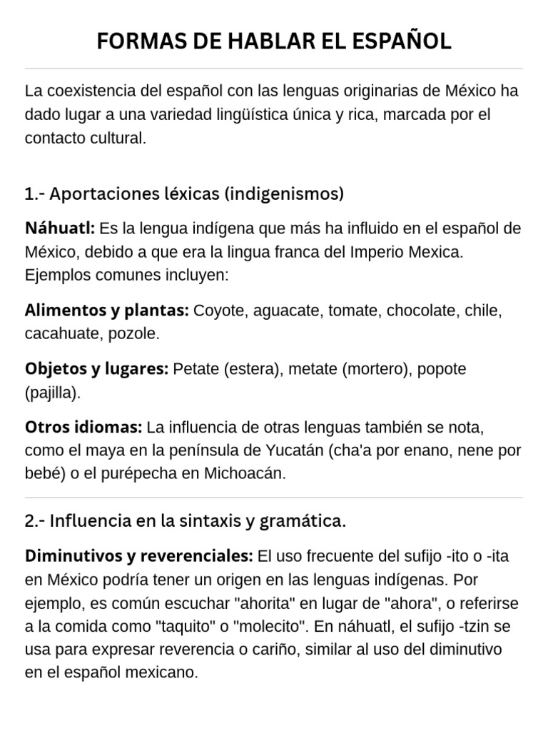 Influencia de lenguas indígenas en español | PDF | Lengua española ...