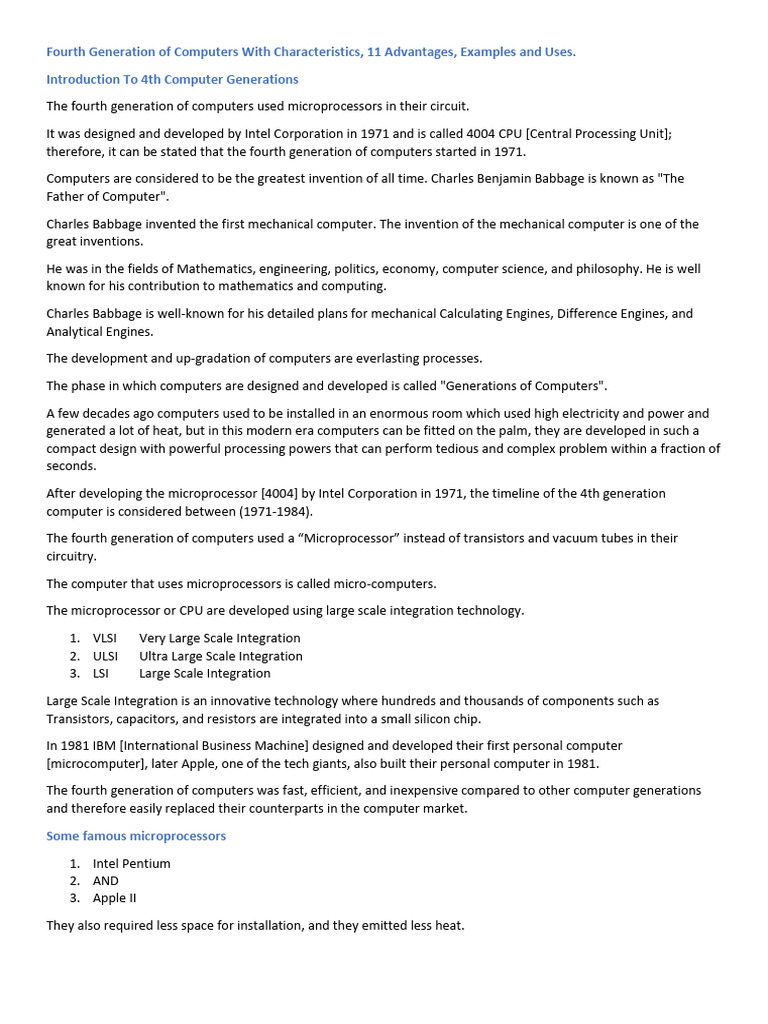 Fourth Generation of Computers With Characteristics | PDF | Central ...