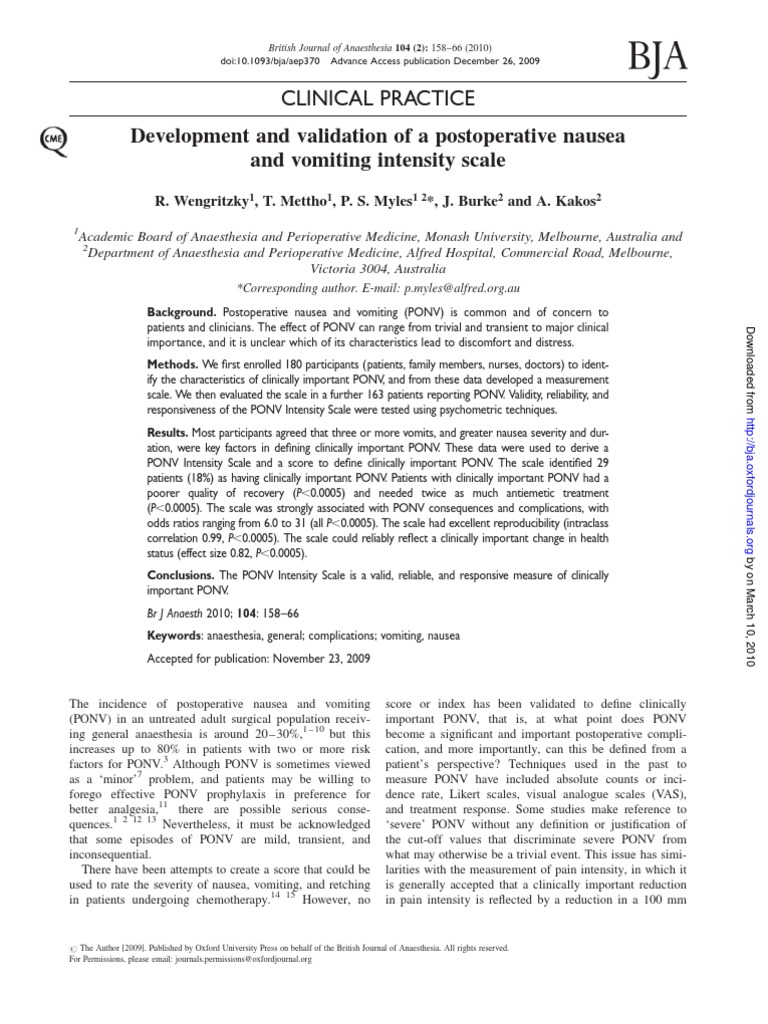 Validation of a postoperative nausea and vomiting intensity scale | PDF ...