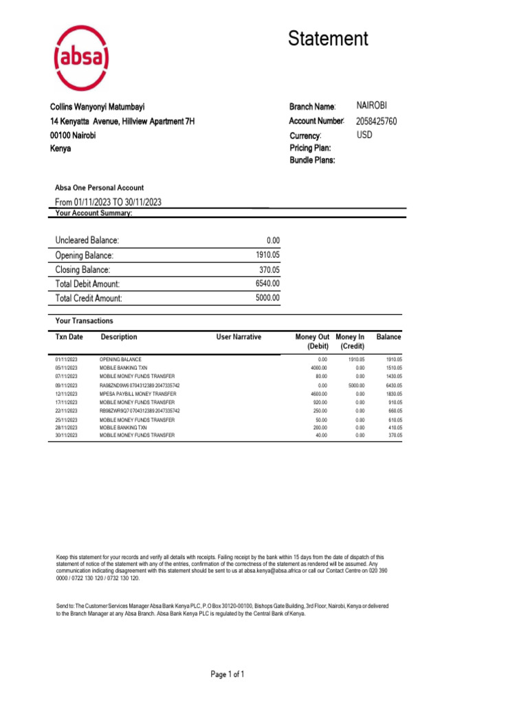COLLINS MATUMBAYI ABSA BANK STATEMENT | PDF | Banks | Pay Pal