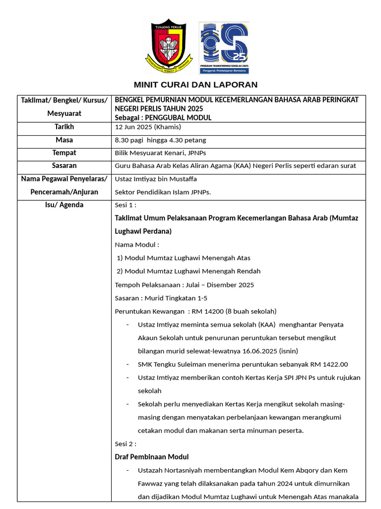 Minit Curai-Tas - Bengkel Pemurnian Modul Mumtaz Lughawi Tahun 2025 | PDF