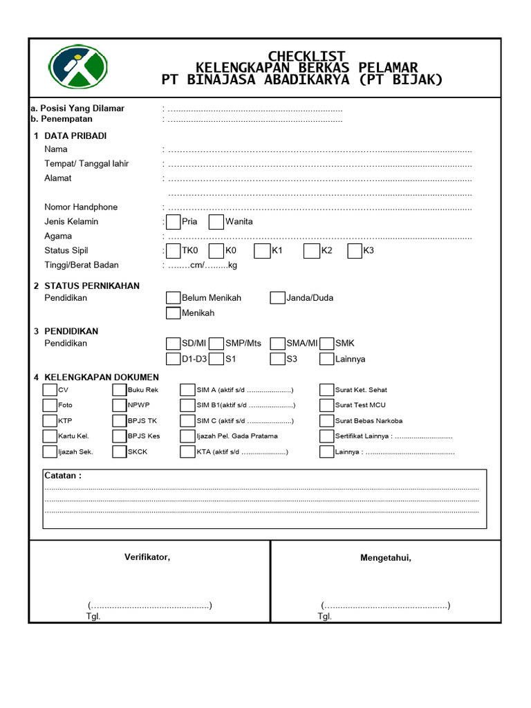 Checklist Berkas Pelamar PT BIJAK | PDF