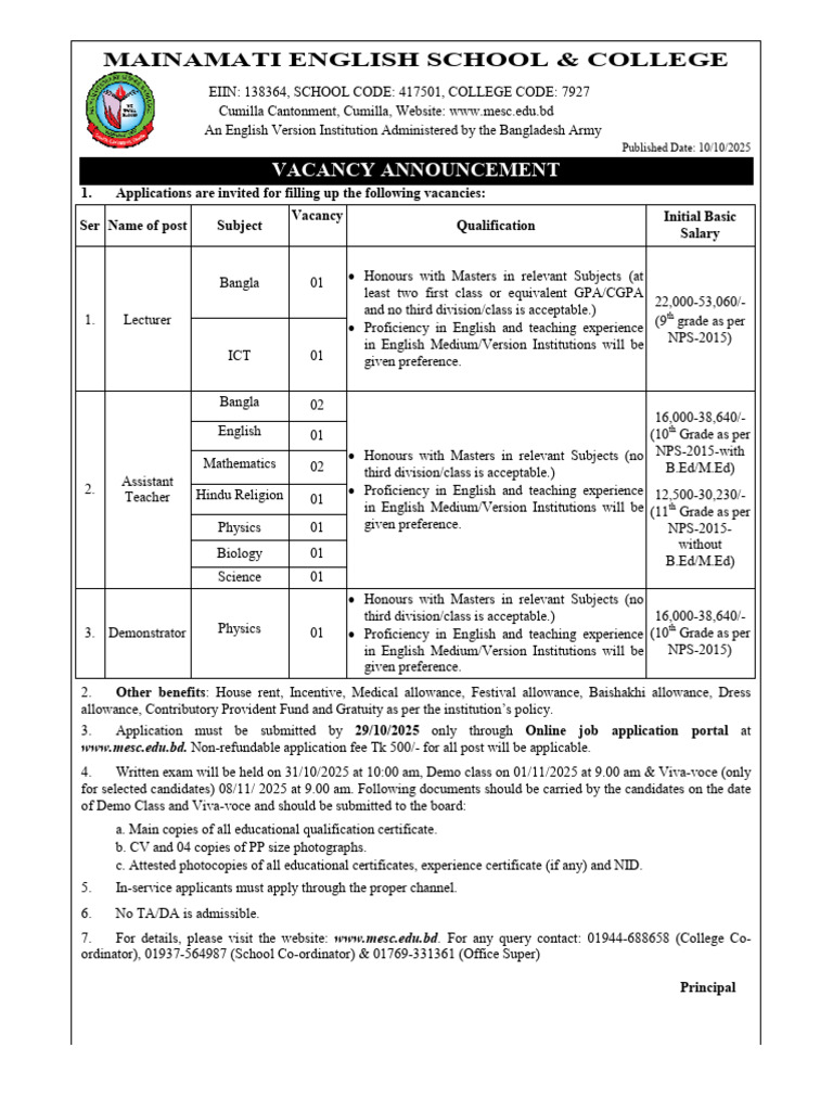 Mainamati School College Job Vacancies | PDF | Educational Stages