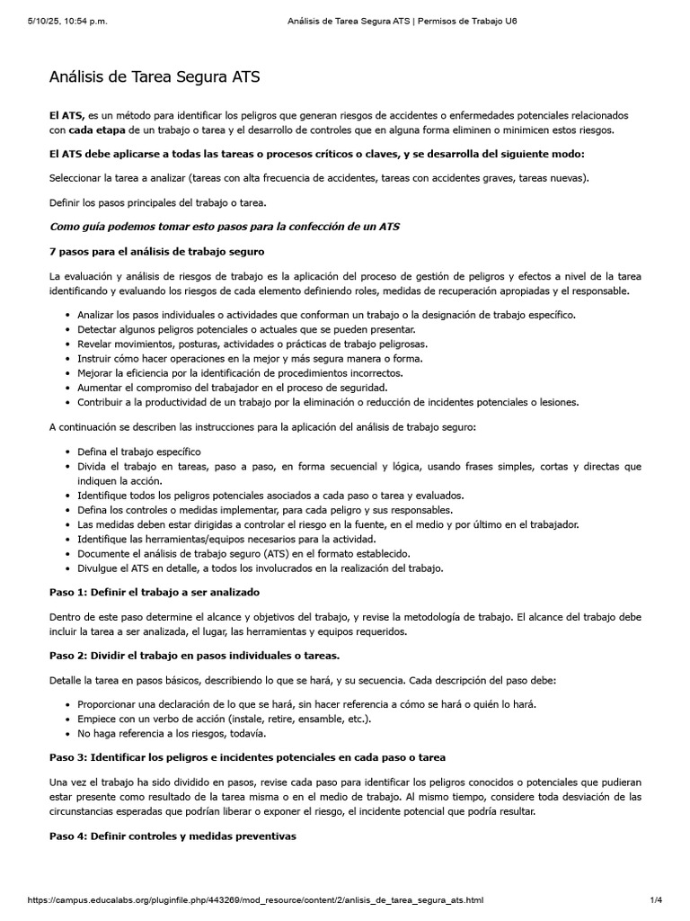 Análisis de Tarea Segura ATS - Permisos de Trabajo U6 | PDF
