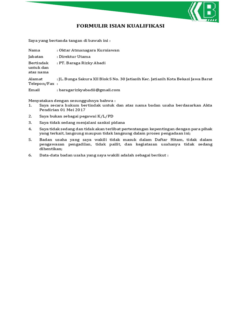 Formulir Isian Kualifikasi Pdf