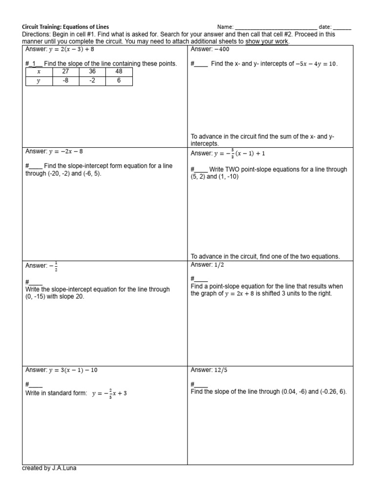 Circuit Training: Line Equations Guide | PDF | Mathematical Objects ...
