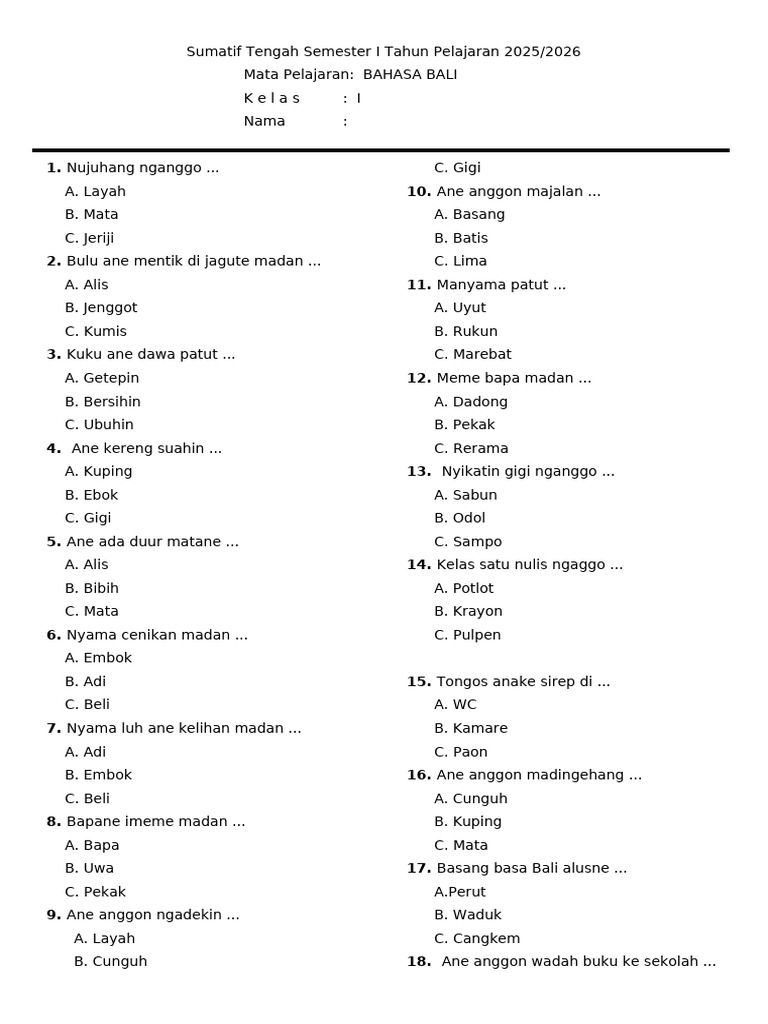 Soal Bahasa Bali Kelas 1 | PDF