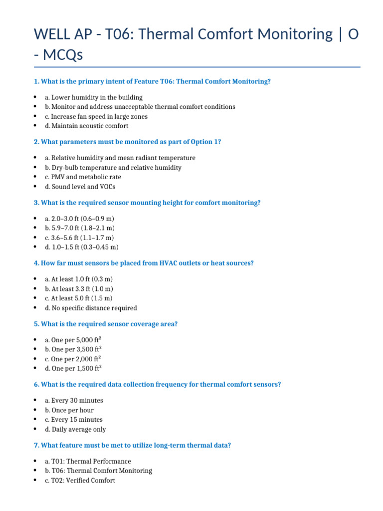 WELL AP T06 Thermal Comfort Monitoring MCQs Styled | PDF