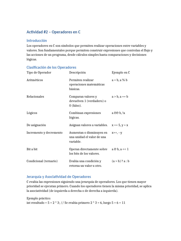 Operadores en C: Tipos y Ejemplos | PDF