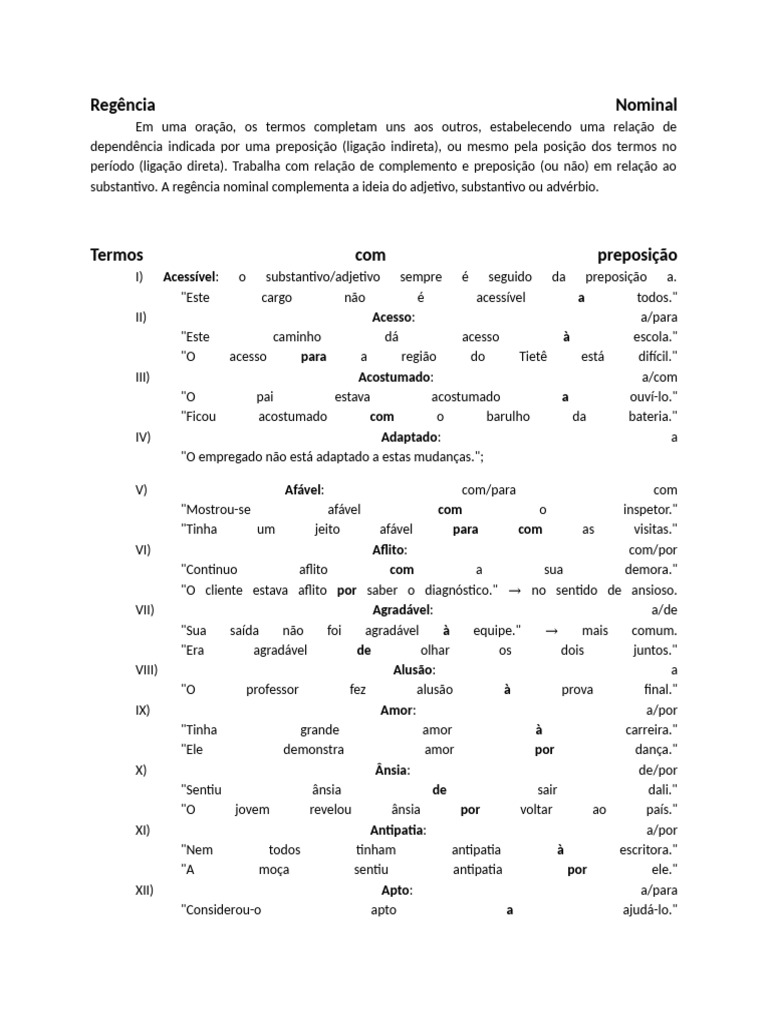 Regência Nominal: Preposições e Exemplos | PDF | Linguística | Sintaxe