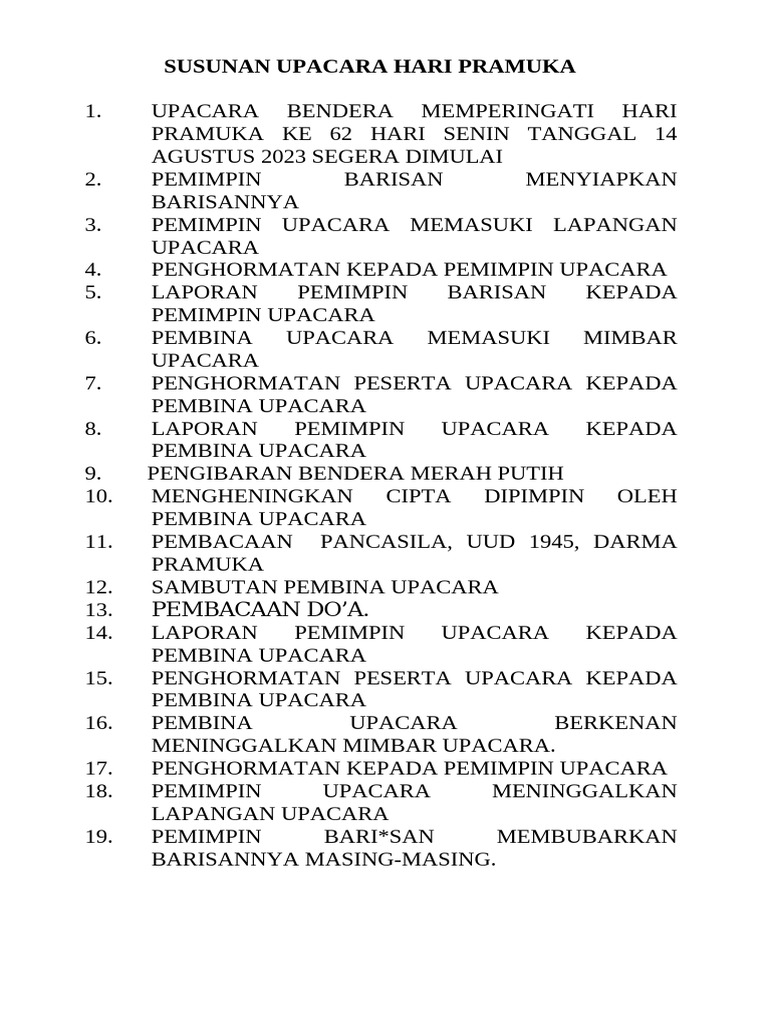 Susunan Upacara Hari Pramuka 2023 | PDF