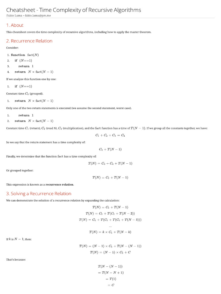 Cheatsheet Time Complexity Recursive Algorithms | PDF