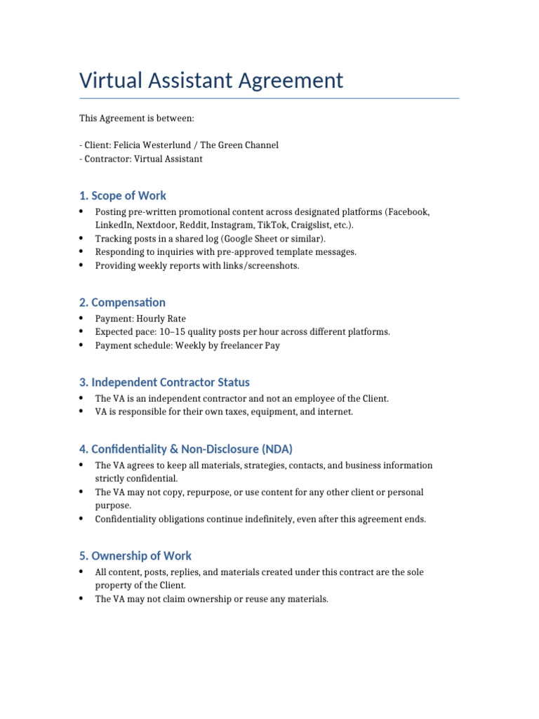 Virtual Assistant Agreement Overview | PDF