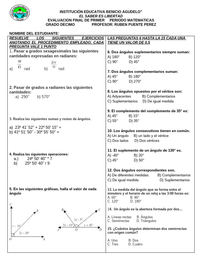 Evaluación Matemáticas Grado Décimo | PDF | Ángulo | Geometría Elemental