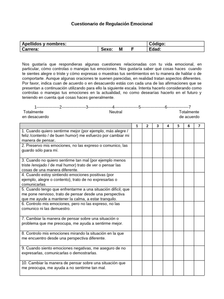 Cuestionario de Autorregulacion Emocional | PDF | Las emociones ...