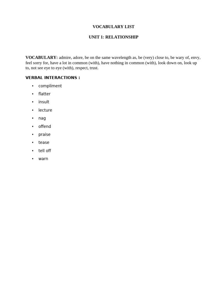Unit 1a - Vocabulary | PDF