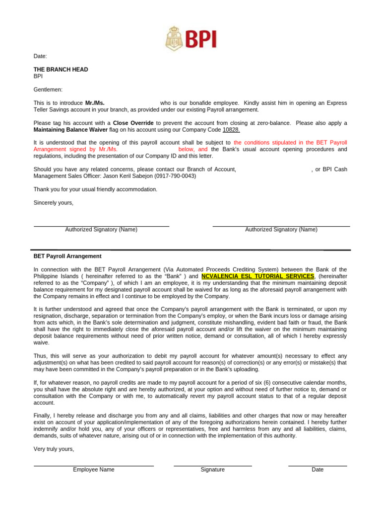 Payroll Account Endorsement Letter | PDF | Banks | Private Law