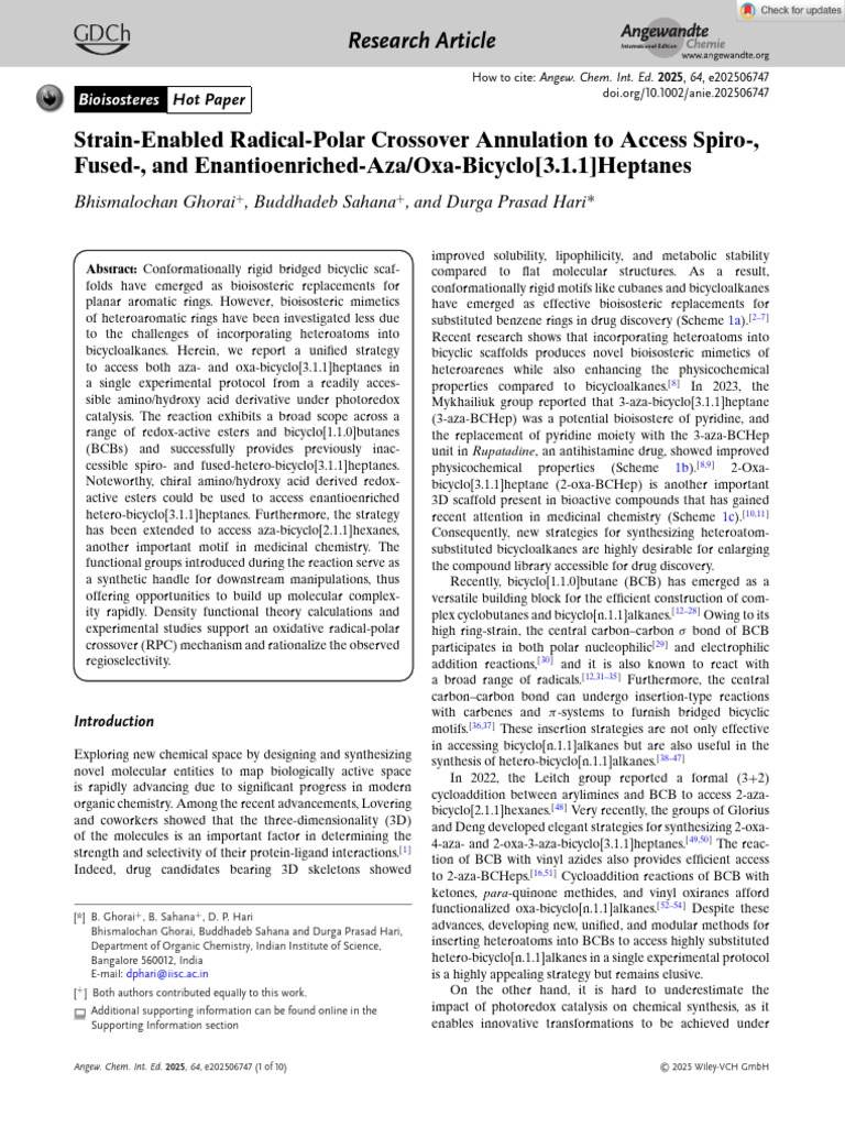 Angew Chem Int Ed - 2025 - Ghorai - Strain Enabled Radical Polar ...
