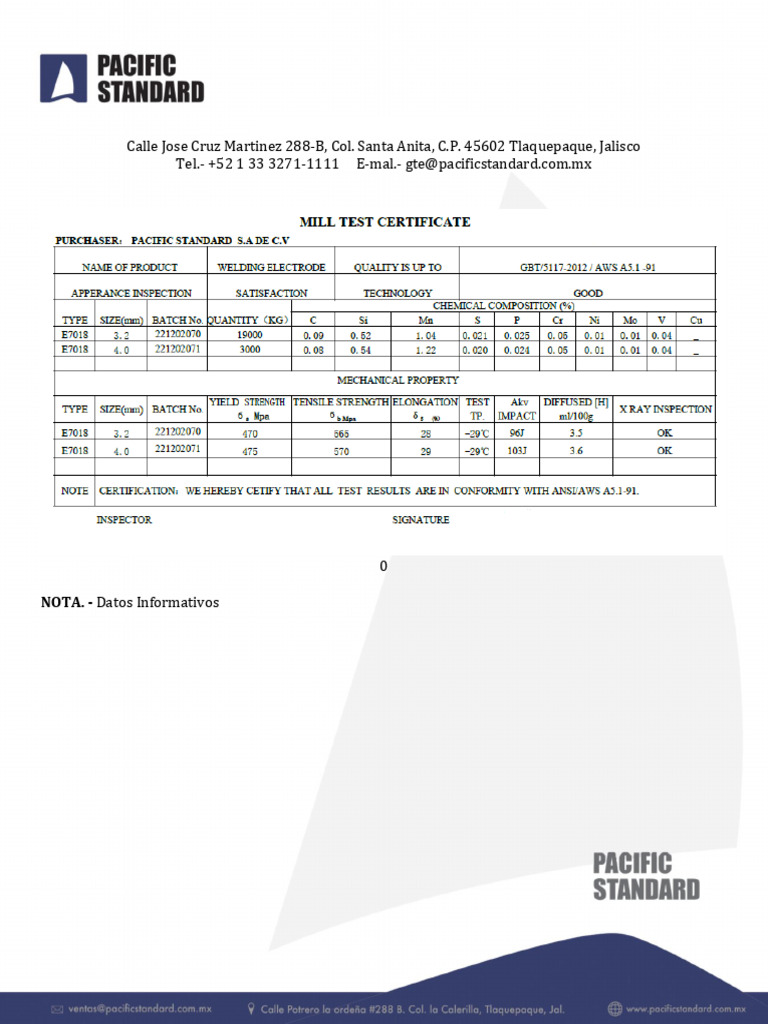 Mill Test Certificate E7018 No. 221202071 | PDF