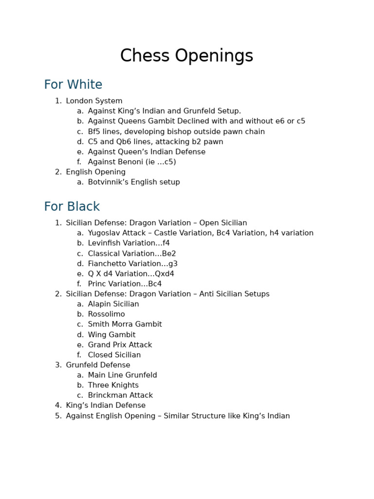 Comprehensive Chess Opening Strategies | PDF