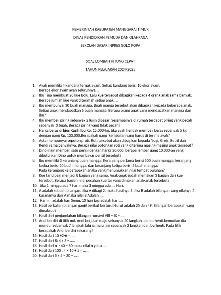 Soal Lomba Hitung Cepat Sdi Golo Popa | PDF