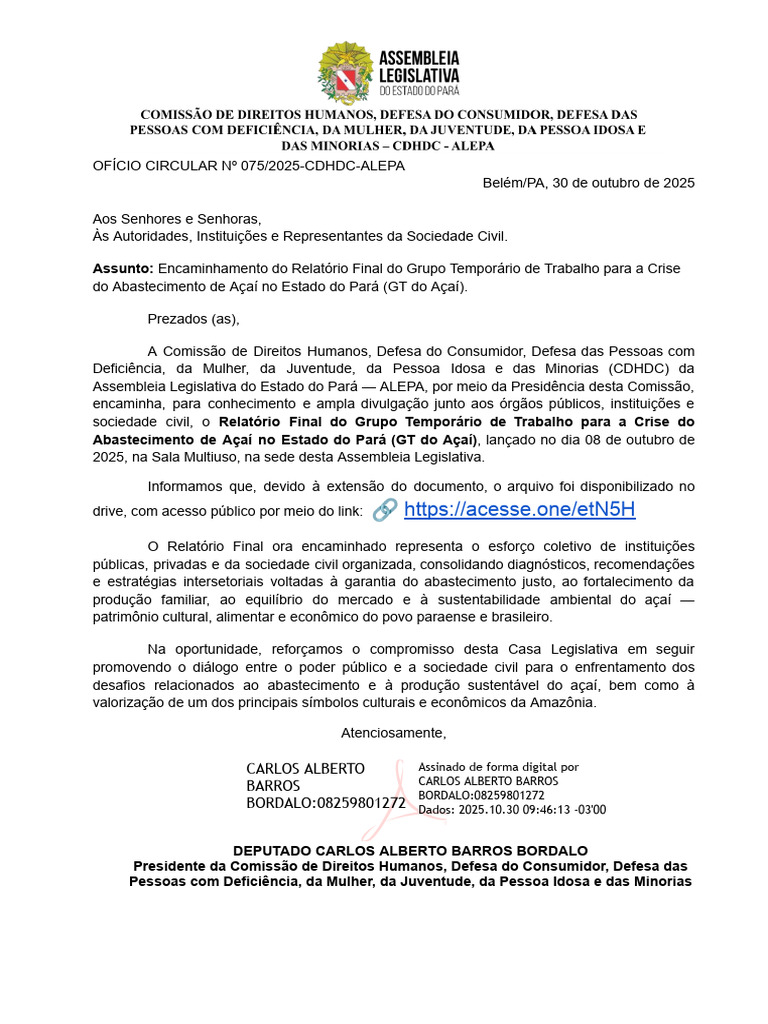Ofício Circular Nº 075_2025-Cdhdc-Alepa (2) | PDF | Estado | Sustentabilidade